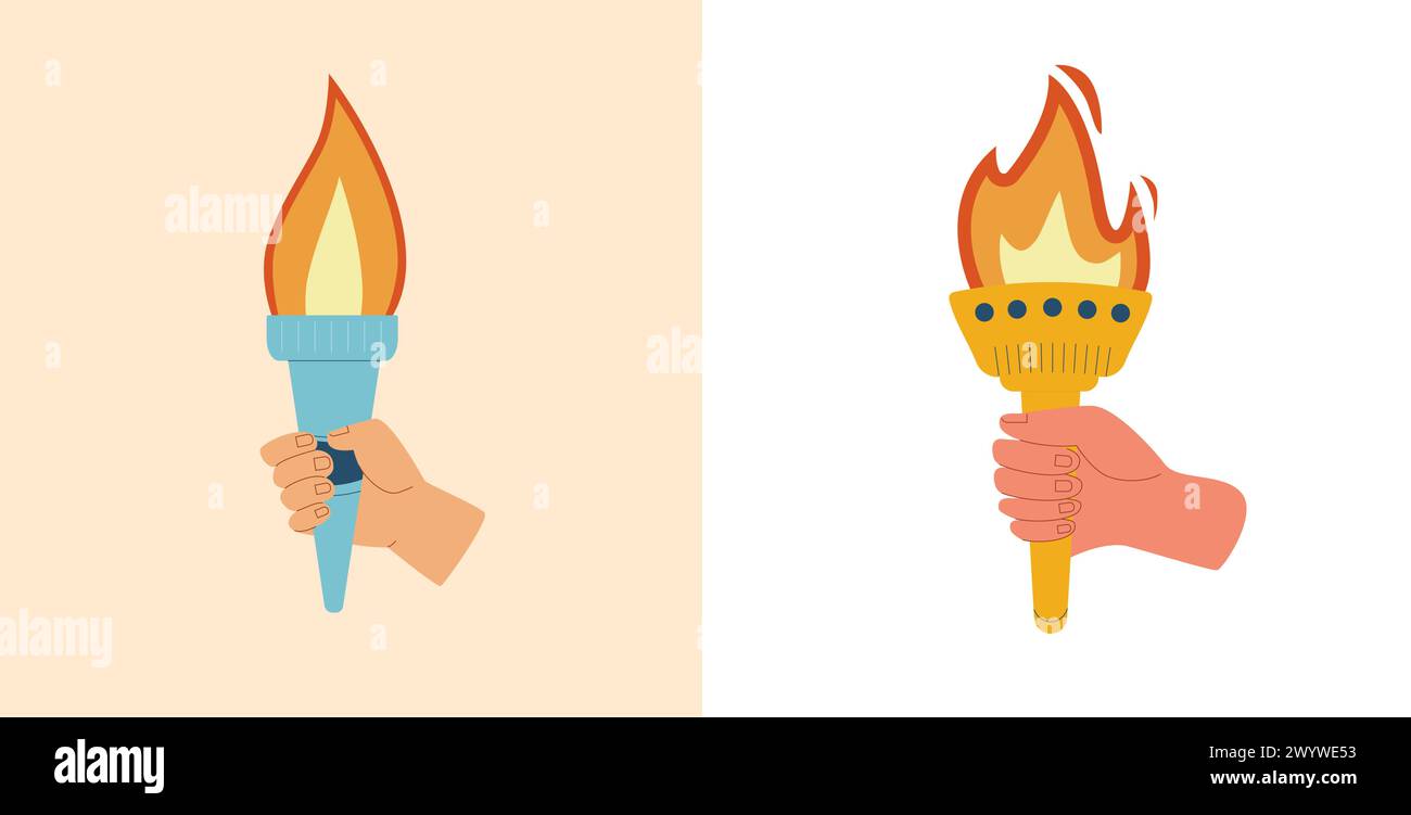 Flaming torches in hands set. Vector flat illustration Stock Vector ...
