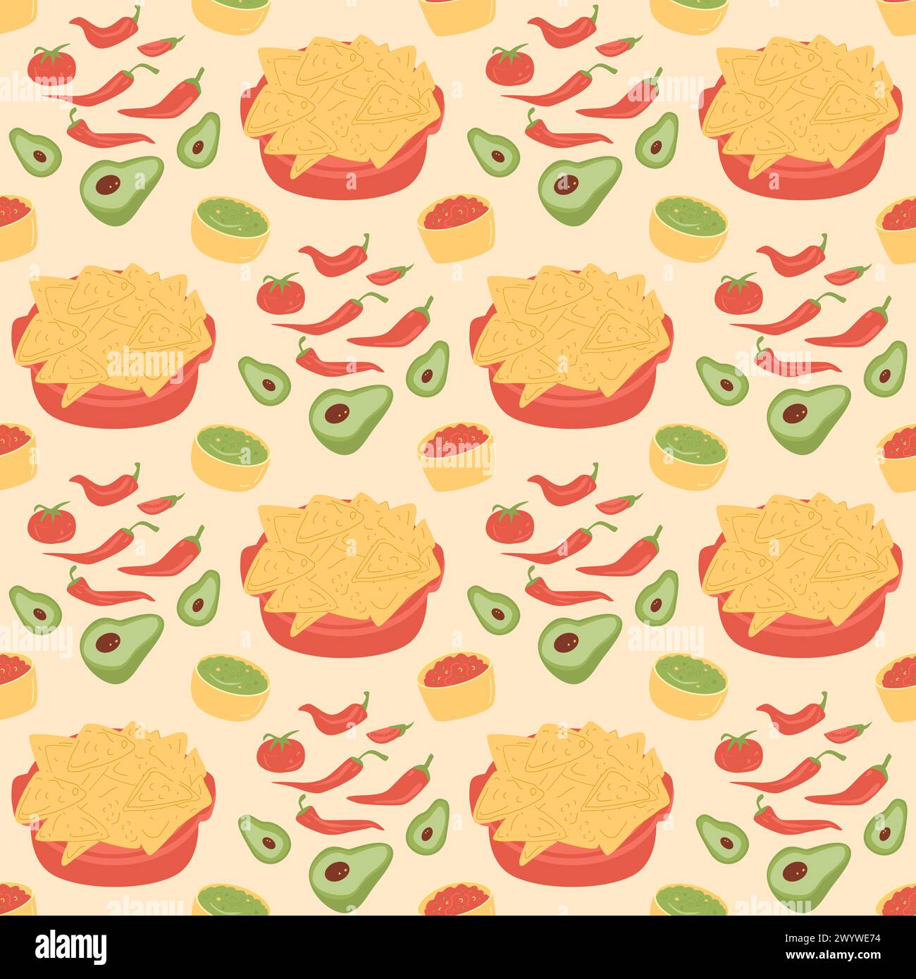 Nachos with sauce seamless pattern. Mexican fast food with guacamole and salsa repeat background ...