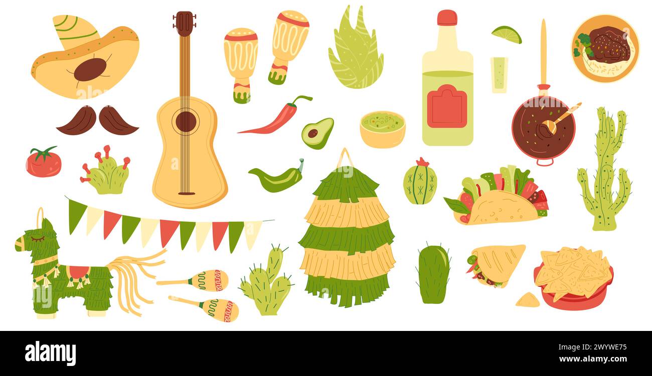 Mexican set. Cinco de Mayo collection elements. Hand drawn pinata ...