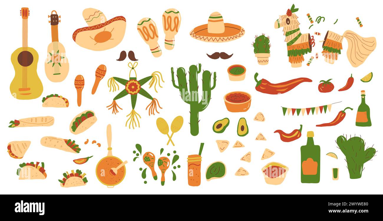 Mexican set. Cinco de Mayo collection elements. Hand drawn pinata ...
