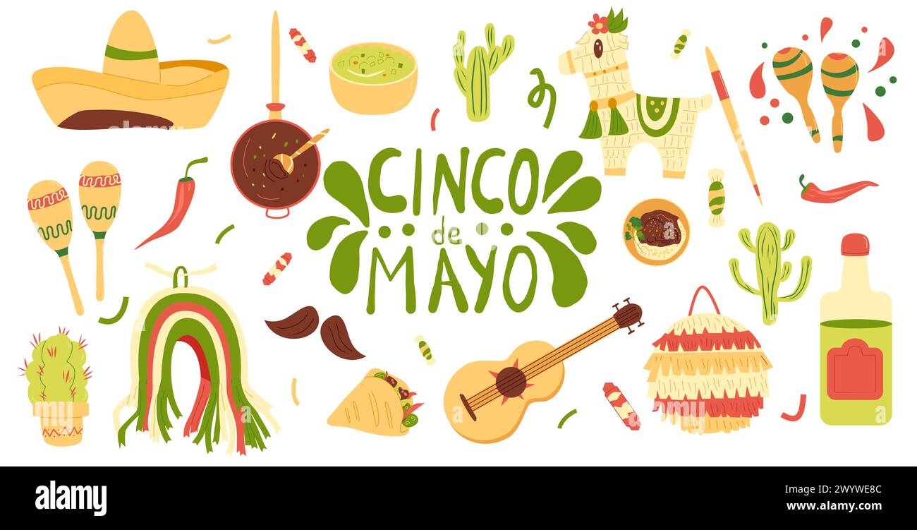 Cinco de Mayo set elements. Hand drawn lettering text and pinata ...