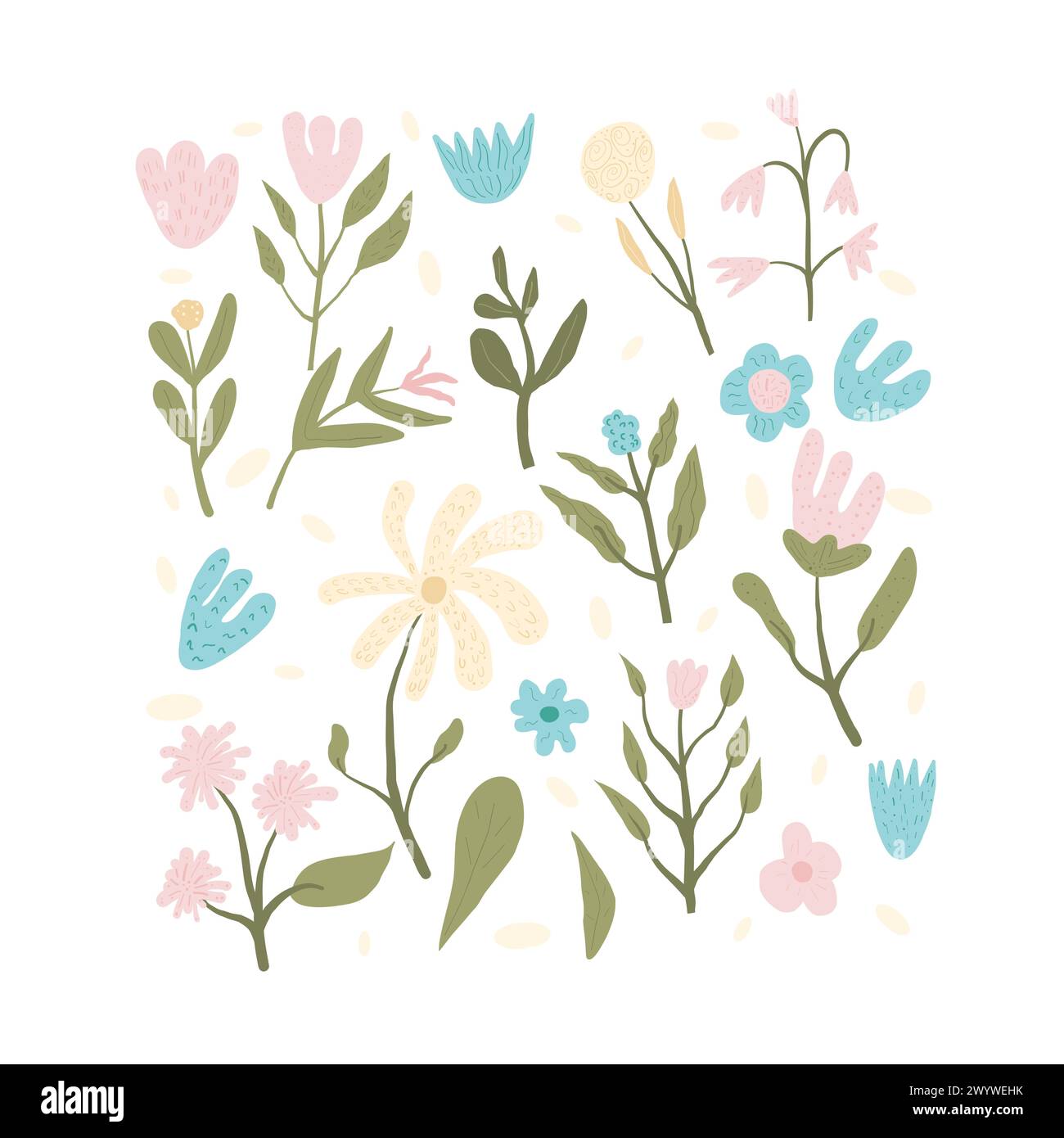 Hand drawn doodle flowers set. Botanical various nature spring elements ...