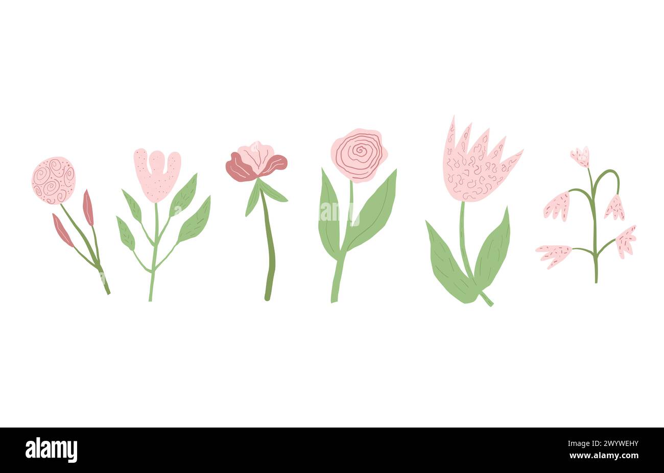 Hand drawn doodle flowers set. Botanical various nature spring elements ...