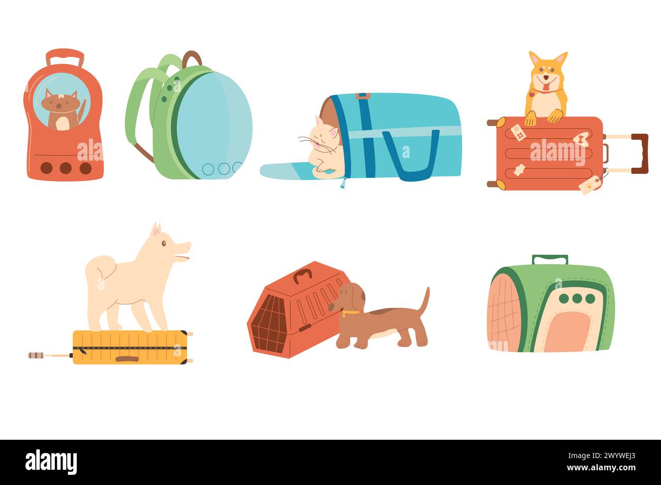 Travel with pets set. Trip with cats and dogs. Transportation box and ...