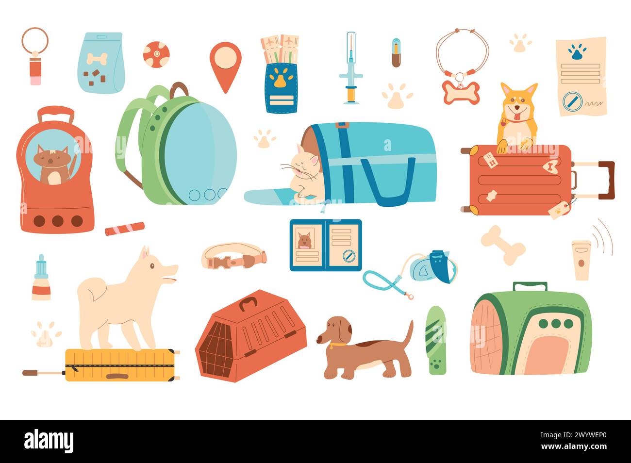 Travel with pets set. Trip with cats and dogs. Tourism supplies and ...