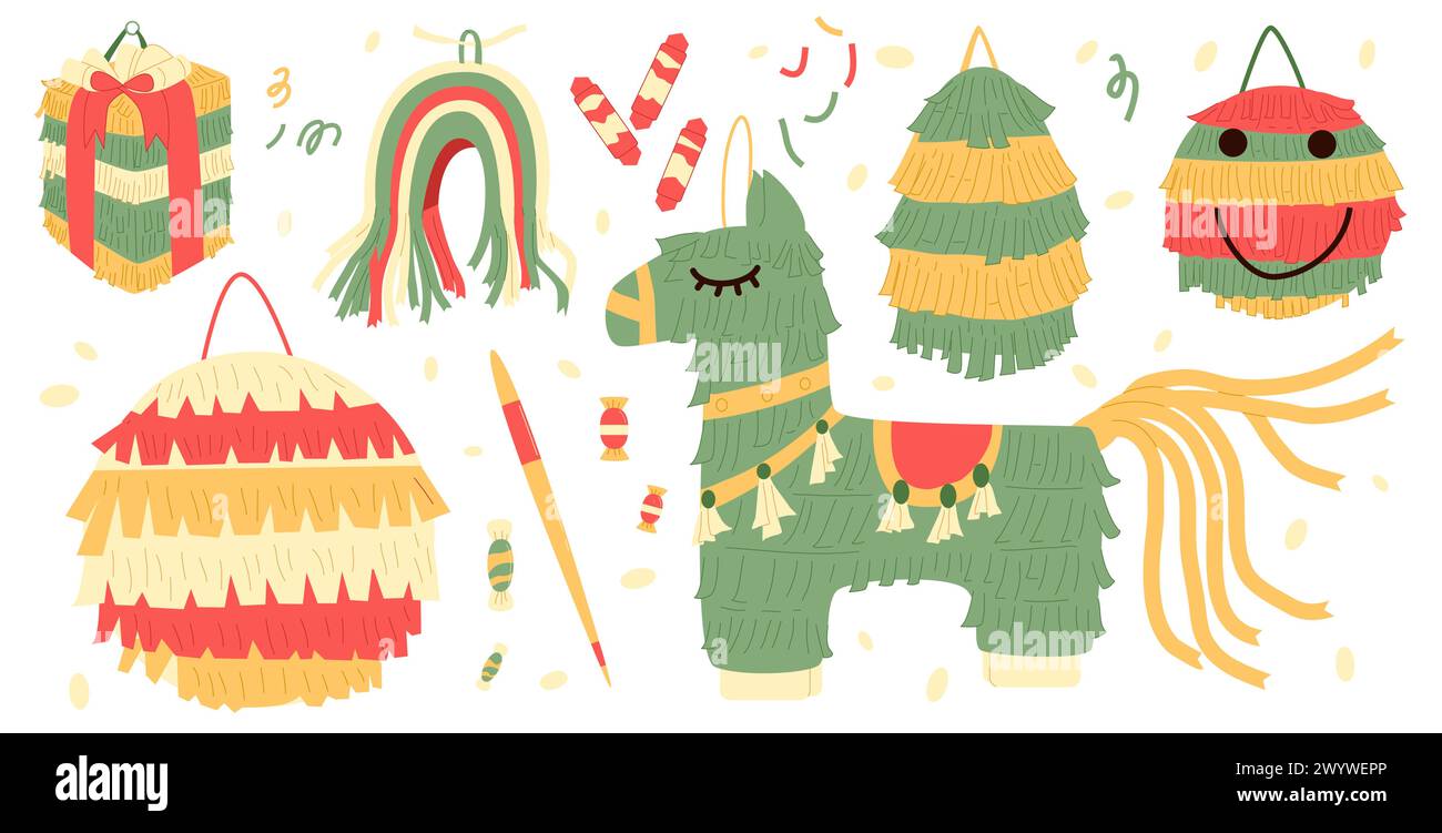 Pinata set for traditional mexican party. Horse, round and rainbow ...