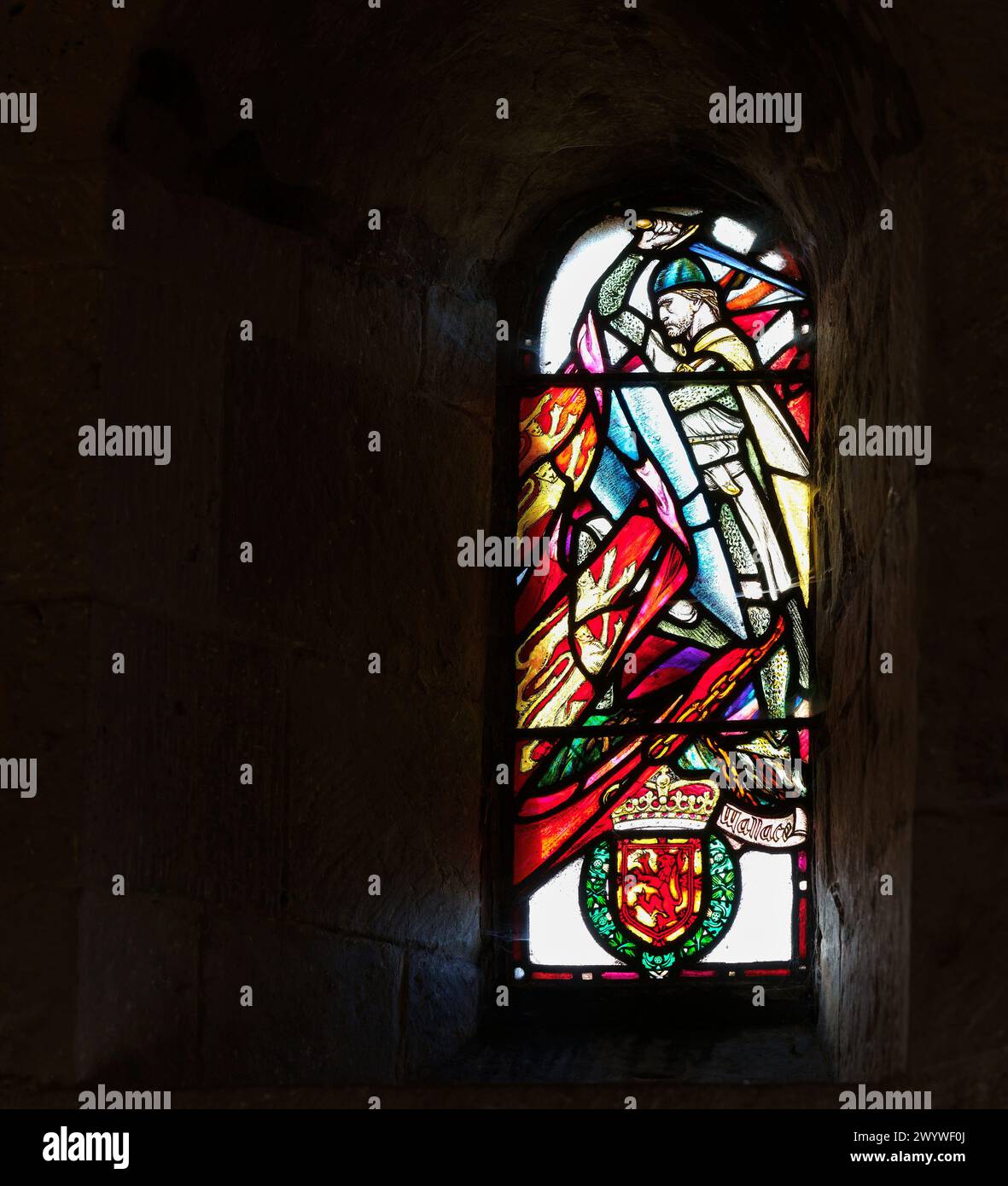 Wallace, king and warrior hero, illustrated stained glass window, St ...