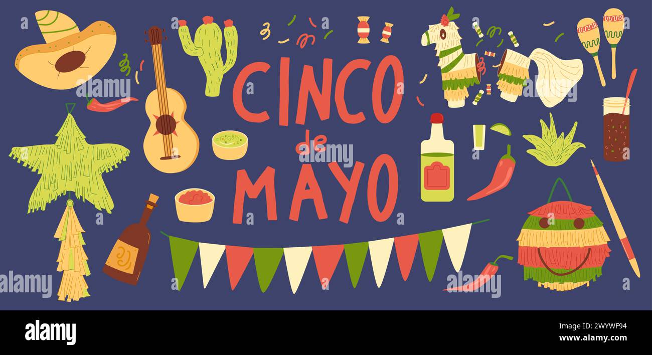 Cinco de Mayo set elements. Hand drawn lettering text and pinata ...