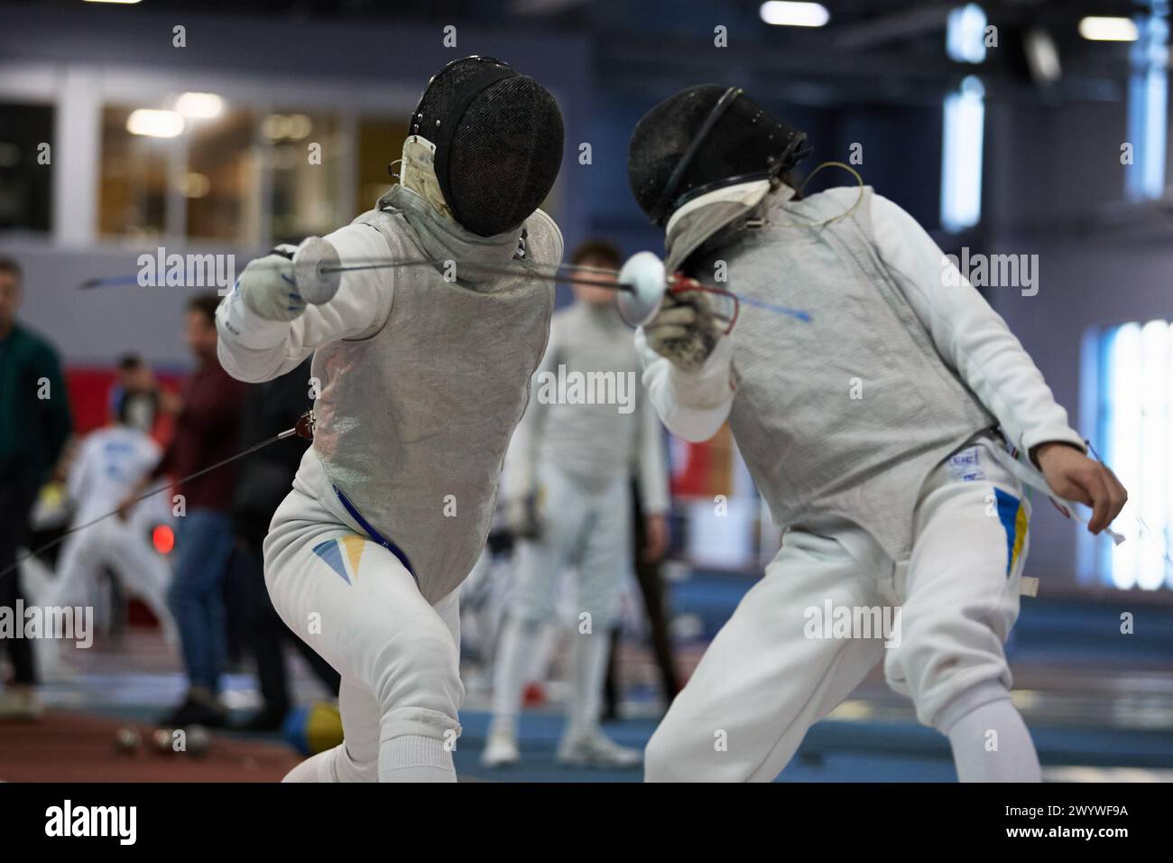 Professional fencers fight in close up at the National Fencing Championship of Ukraine. Kyiv ...
