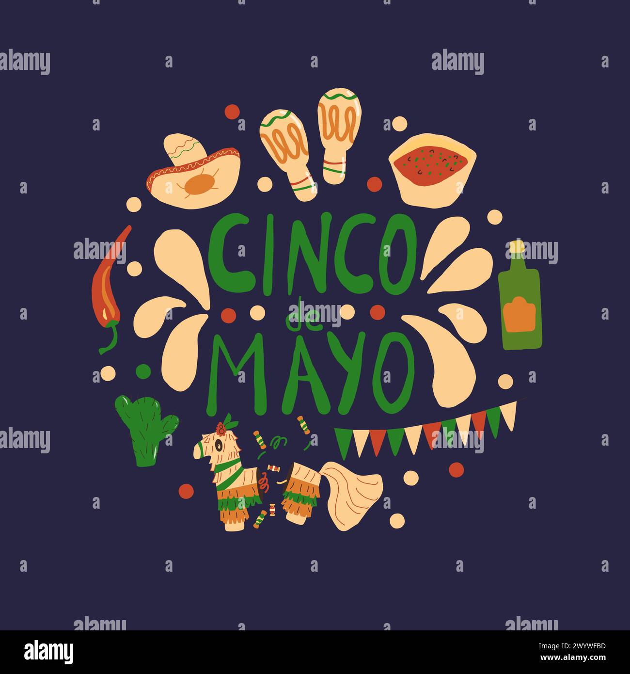 Cinco de Mayo round emblem. Hand drawn lettering text and elements in ...