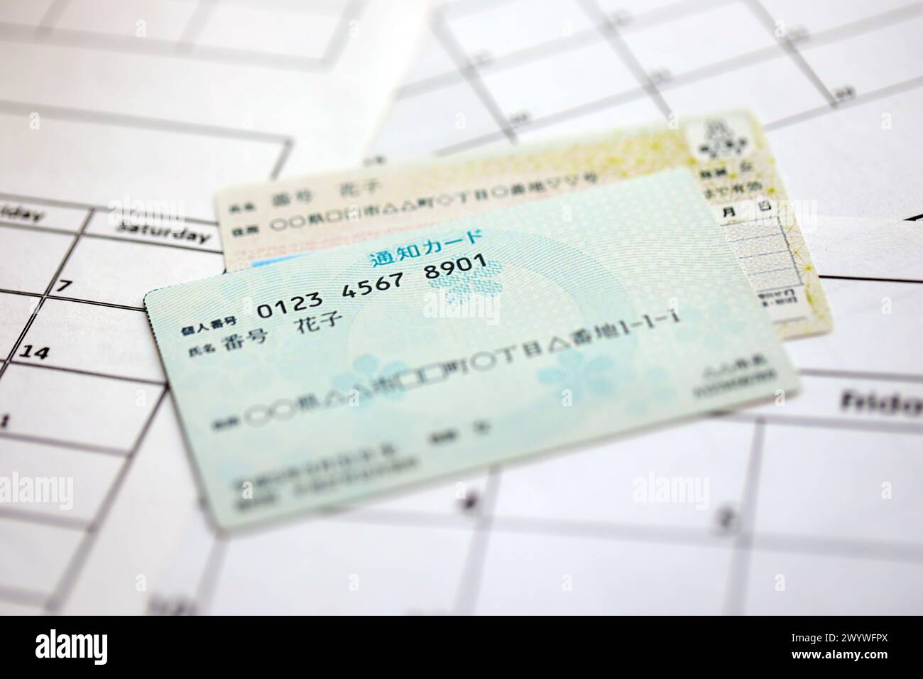 Japanese my number card specimen and notification card on calendar ...