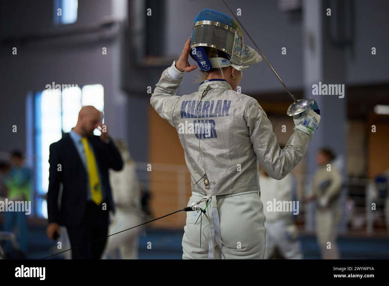 Fencer Olga Kharlan, Olympic medalist, preparing for the fight at the ...