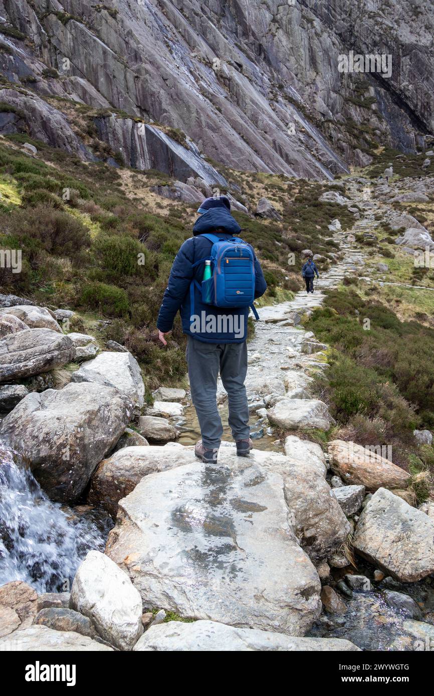 People hiking, LLyn Idwal Path, Snowdonia National Park near Pont Pen-y ...