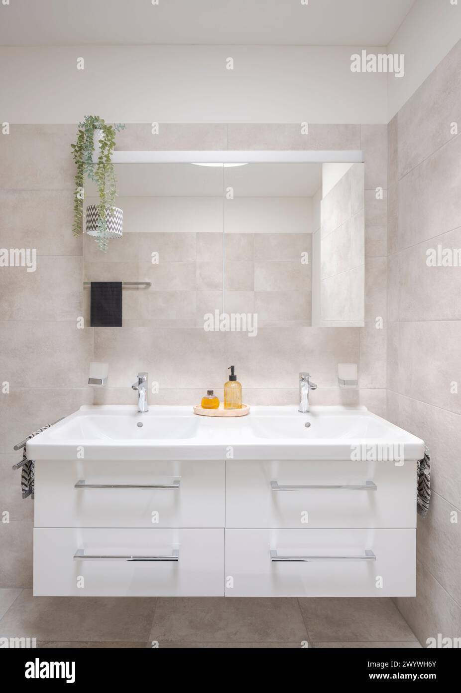 Interior of a modern bathroom. Front view of the sinks with a mirror ...