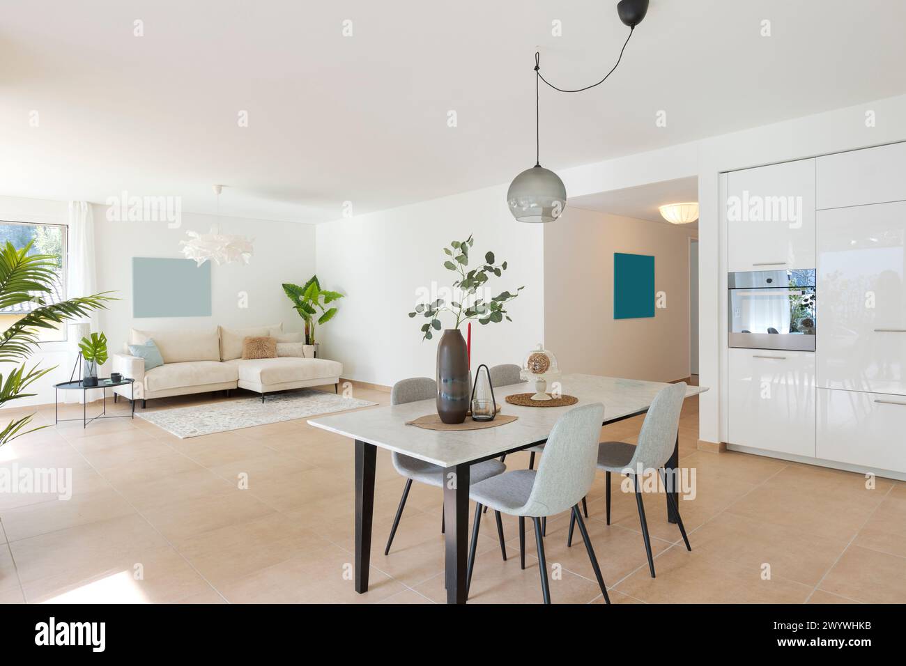 Interior of lounge and dining room. No one within that space. Modern ...