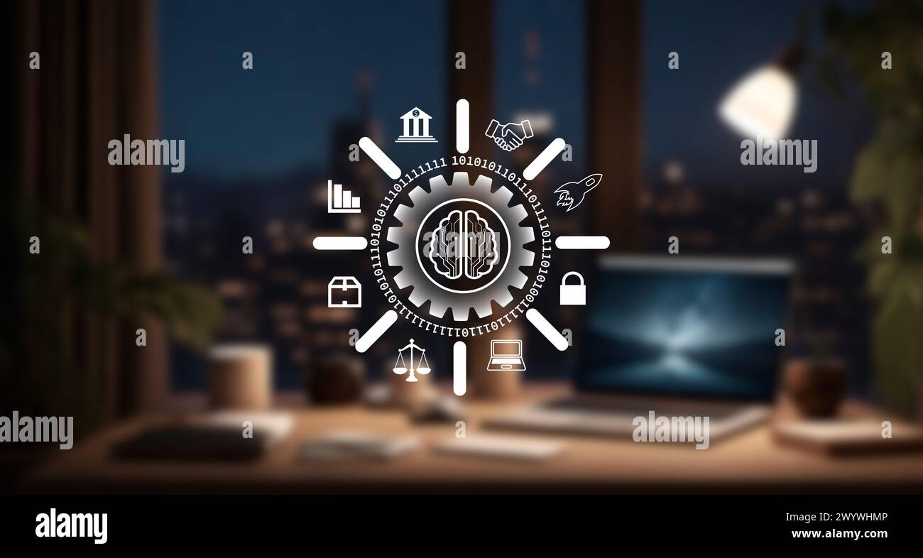 concept: business strategy. white hologram with icons on blurred ...