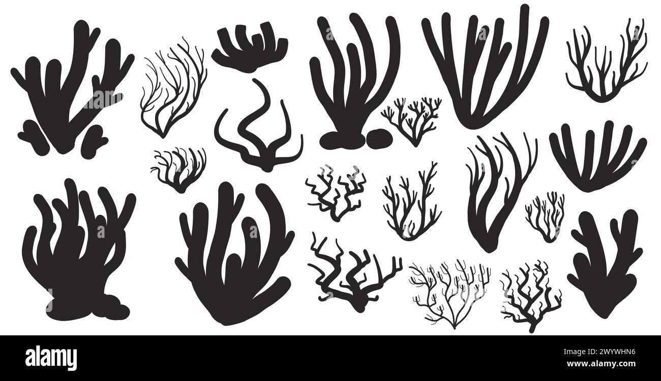 Coral reef black silhouette set isolated on white background. Sea ...