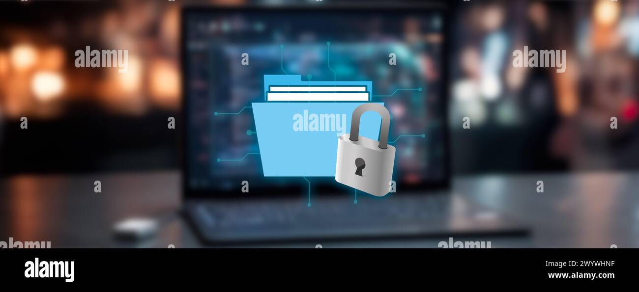 cybersecurity concept. secure folder icon on out-of-focus laptop ...