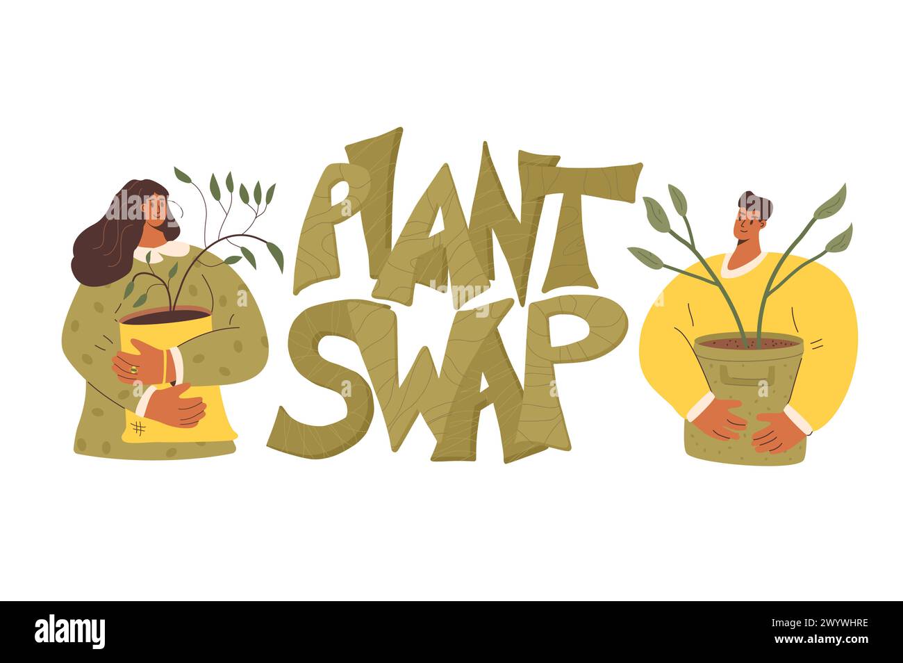 Plant swap. People exchange houseplant and gardening together isolated ...