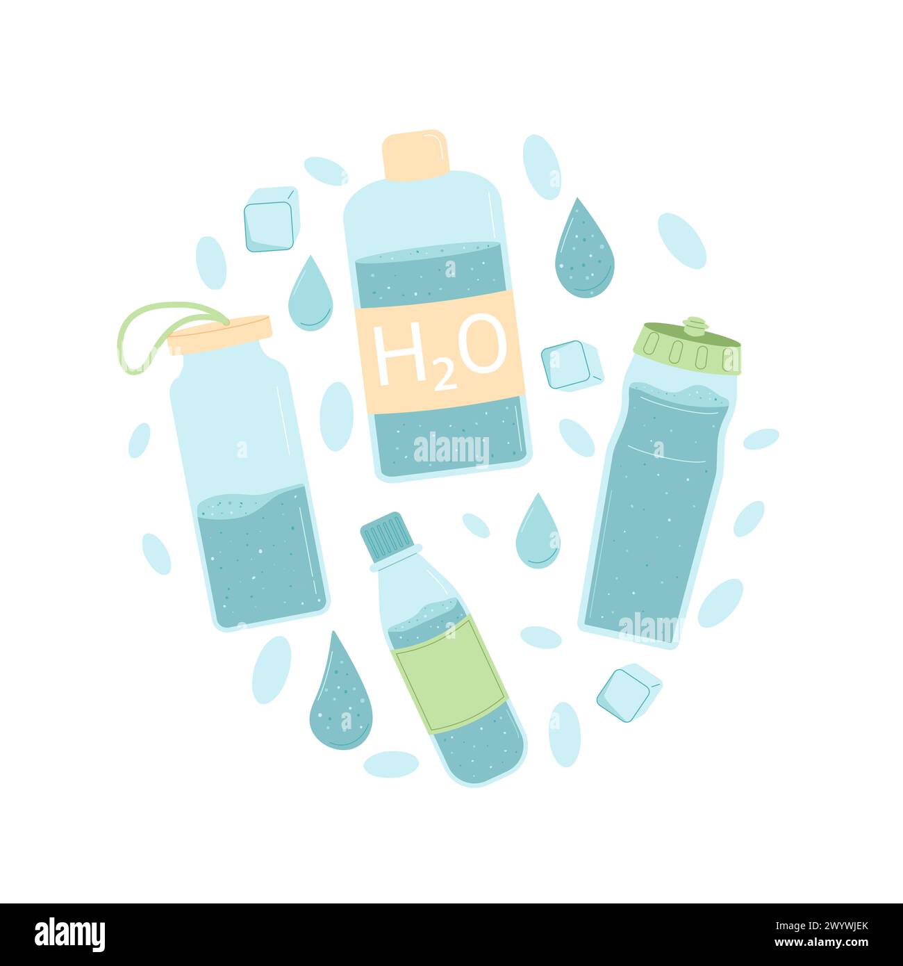 Water in different containers round composition isolated on white background. Fresh clean ...