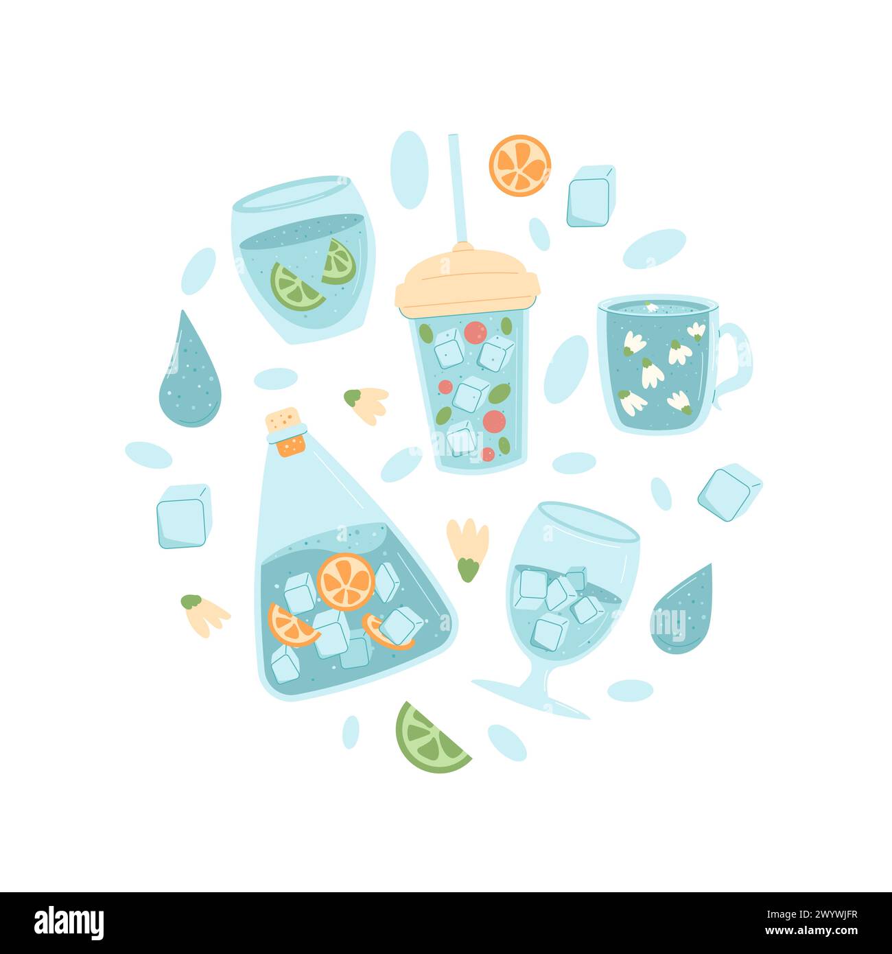 Circle of summer soft drinks and water in different containers isolated ...