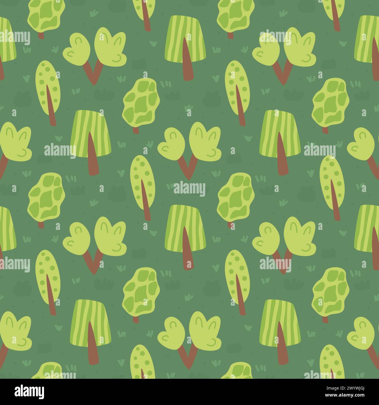 Summer forest landscape seamless pattern. Trees childish doodle style ...