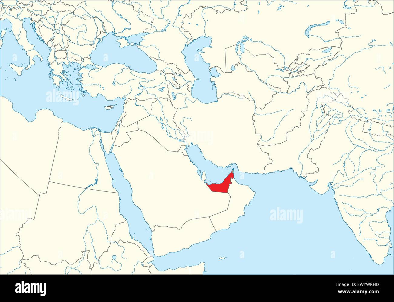 Red map of UNITED ARAB EMIRATES inside white map of the Middle East ...