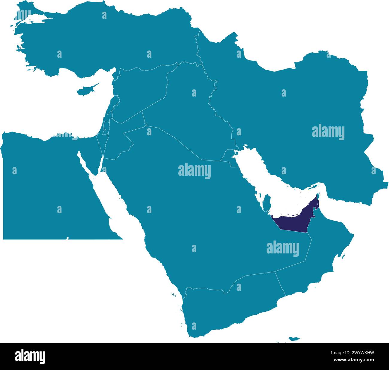 Purple map of UNITED ARAB EMIRATES inside marine blue map of the Middle ...