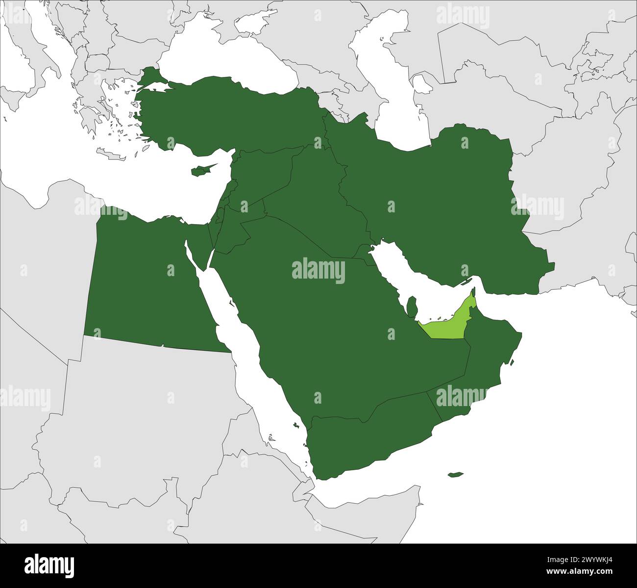 Light green map of UNITED ARAB EMIRATES inside highlighted dark green ...