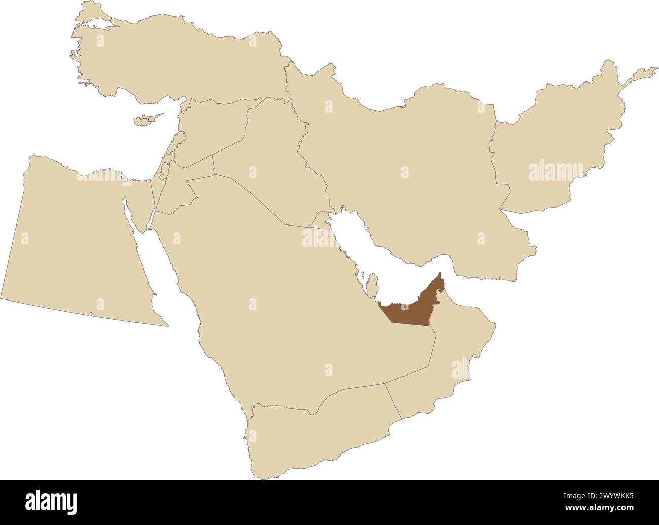 Dark brown map of UNITED ARAB EMIRATES inside light brown map of the ...