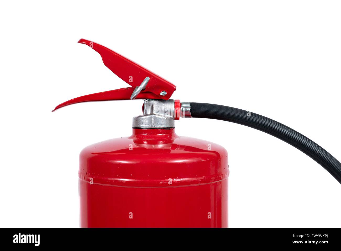 A red cylinder fire extinguisher with a black hose, contrasting on a ...