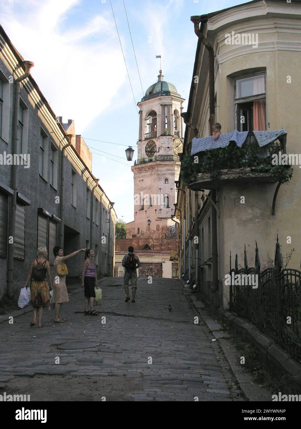 Finnish tourists in city of Vyborg (Viipuri in Finnish) during summer ...