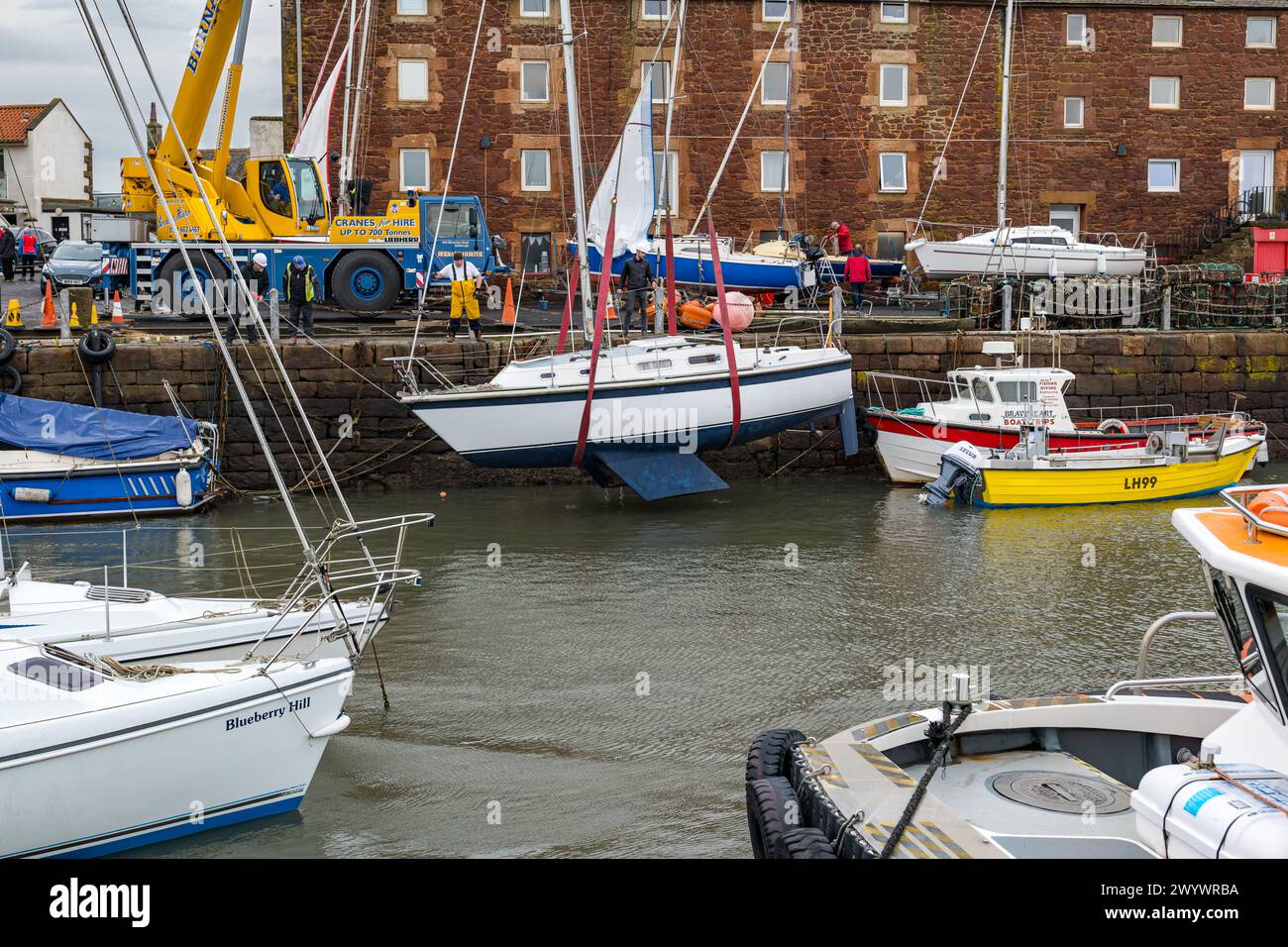 Crane lifting sailing boat into water, North Berwick harbour, East ...