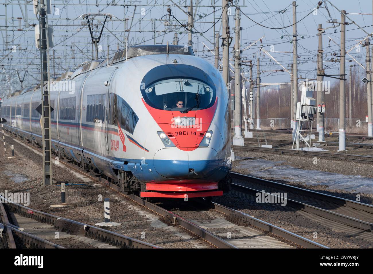 PETRO-SLAVYANKA, RUSSIA - MARCH 04, 2024: Approaching high-speed train ...