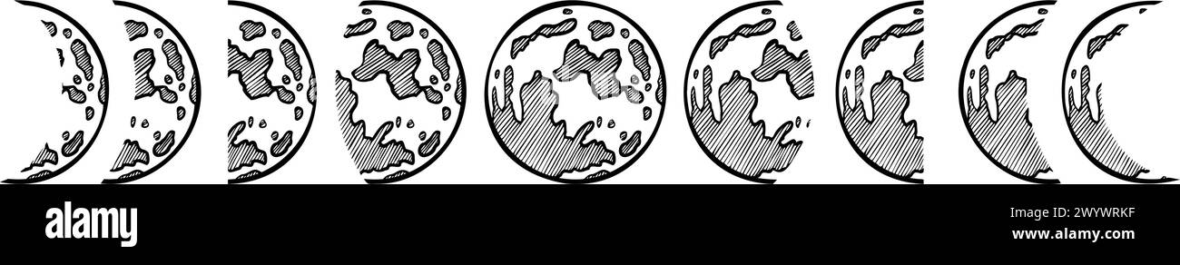 Moon Phases set. Vector illustration of full Luna and crescent. Hand ...