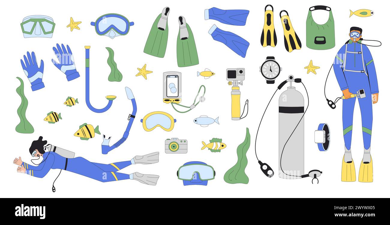 Diving set. Man and woman divers swimming in water suits, oxygen masks ...