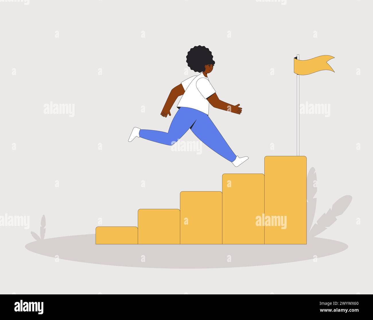 Business career ladder. Young woman climbing up stairs to reach goal ...