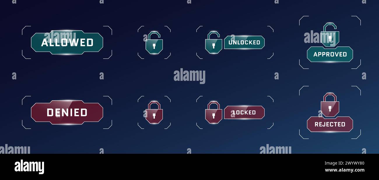 HUD digital futuristic user access allowed and denied button set. Account verification entry ...