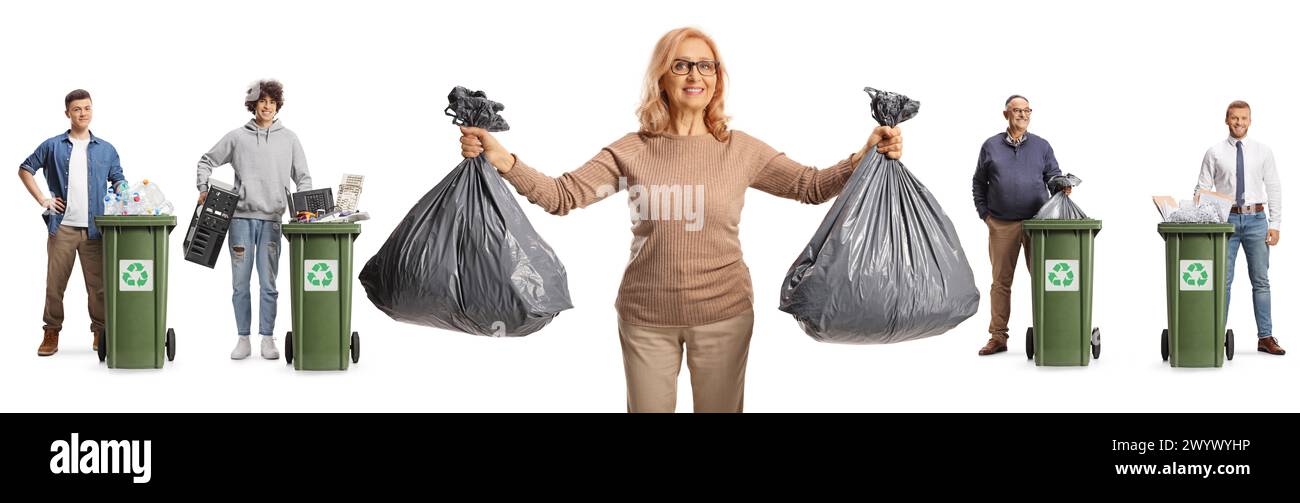 People recycling materials isolated on white background, save the ...