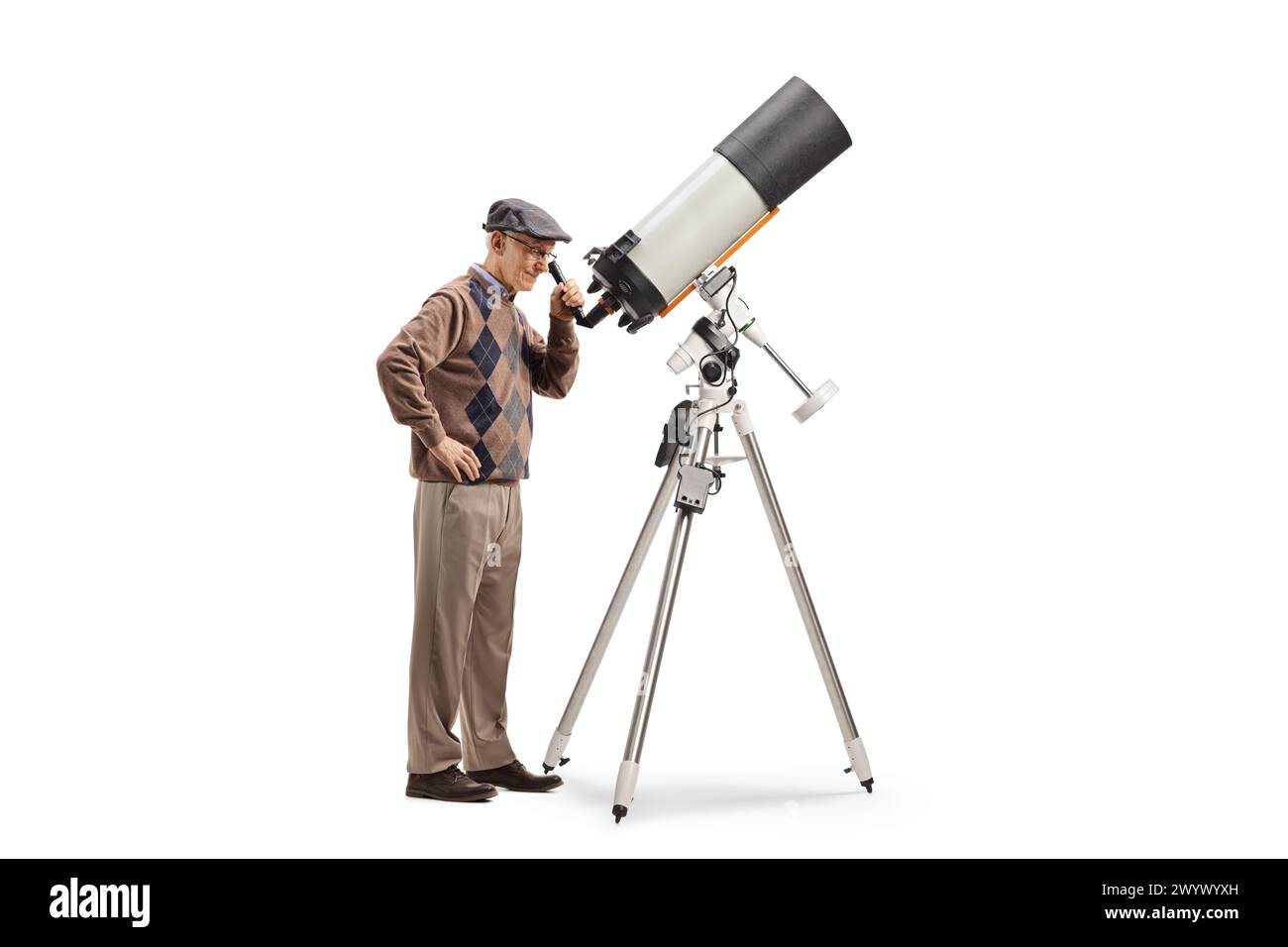 Elderly man observing the sky with a telescope isolated on white ...