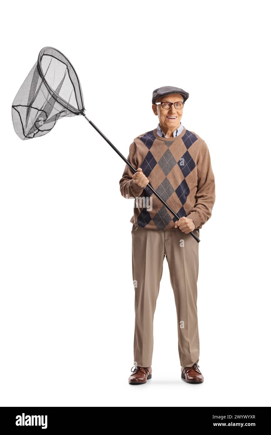 Elderly man holding a catching net isolated on white background Stock ...