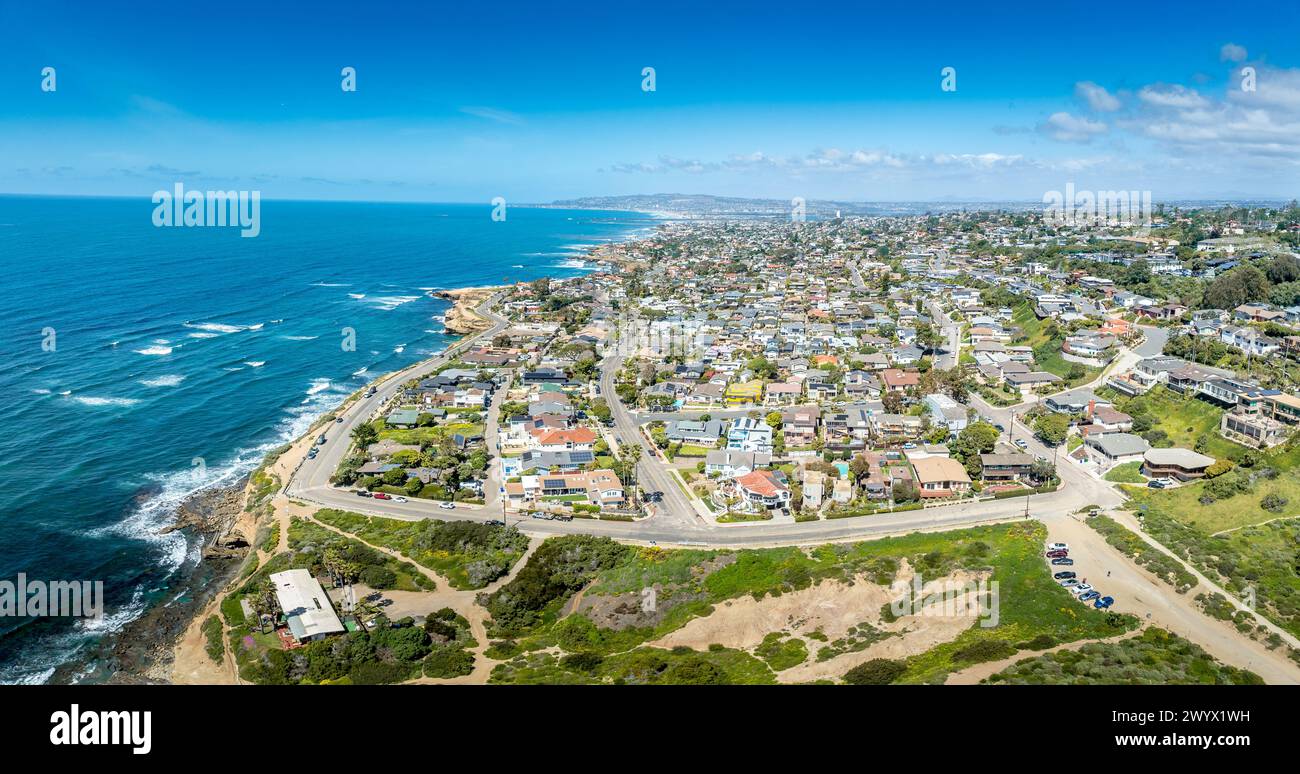 Aerial panorama of Sunset Beach in San Diego with ragged California ...