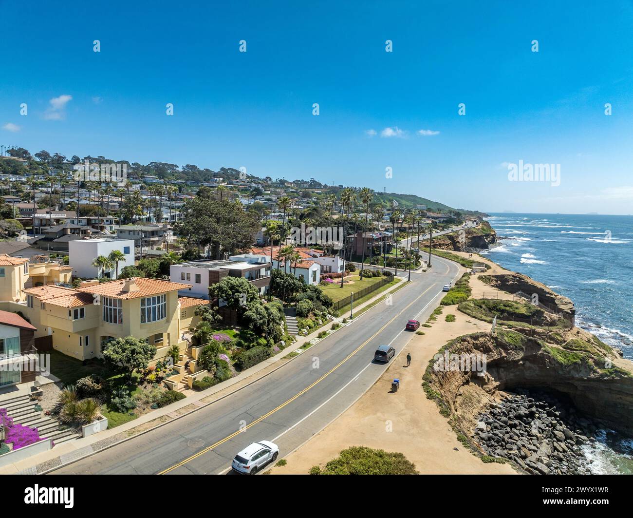Aerial panorama of Sunset Beach in San Diego with ragged California ...