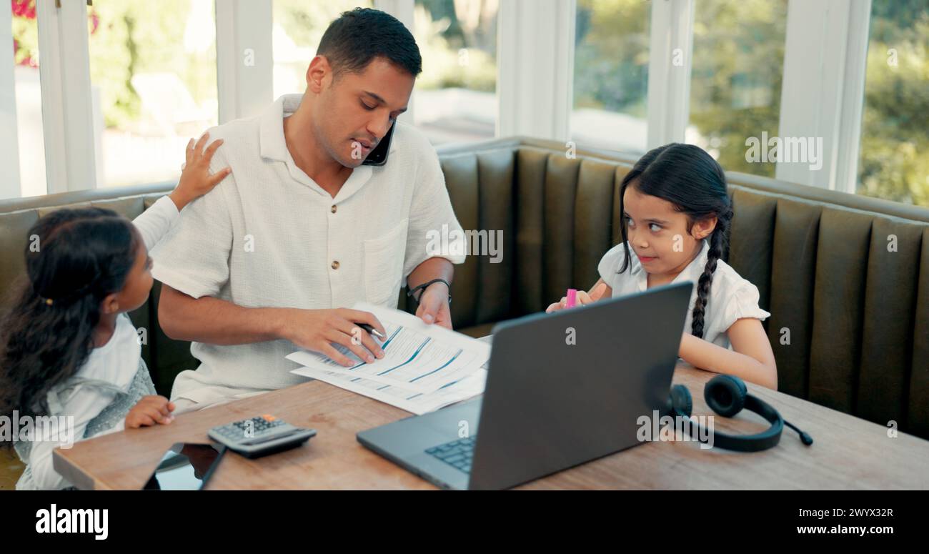Phone call, busy dad and stress from kids, children or frustrated ...