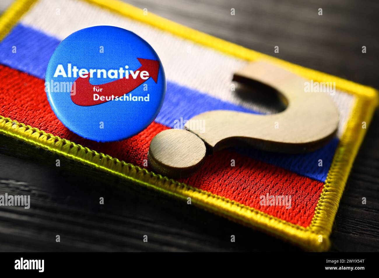 AfD Party Badge On A Flag Of Russia With A Question Mark, Symbolic ...