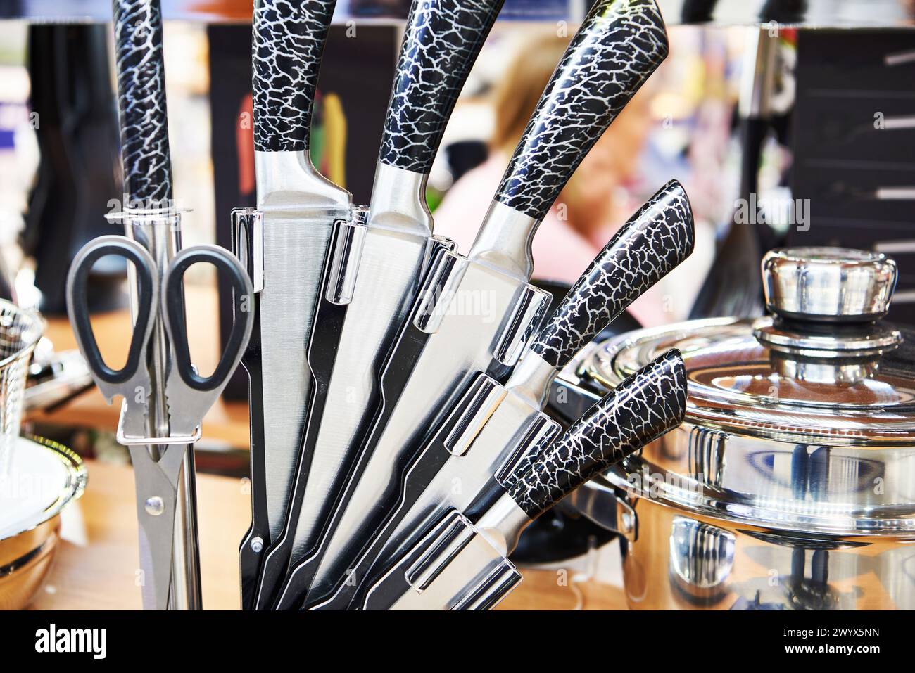 Stainless steel kitchen knife set in the store Stock Photo - Alamy