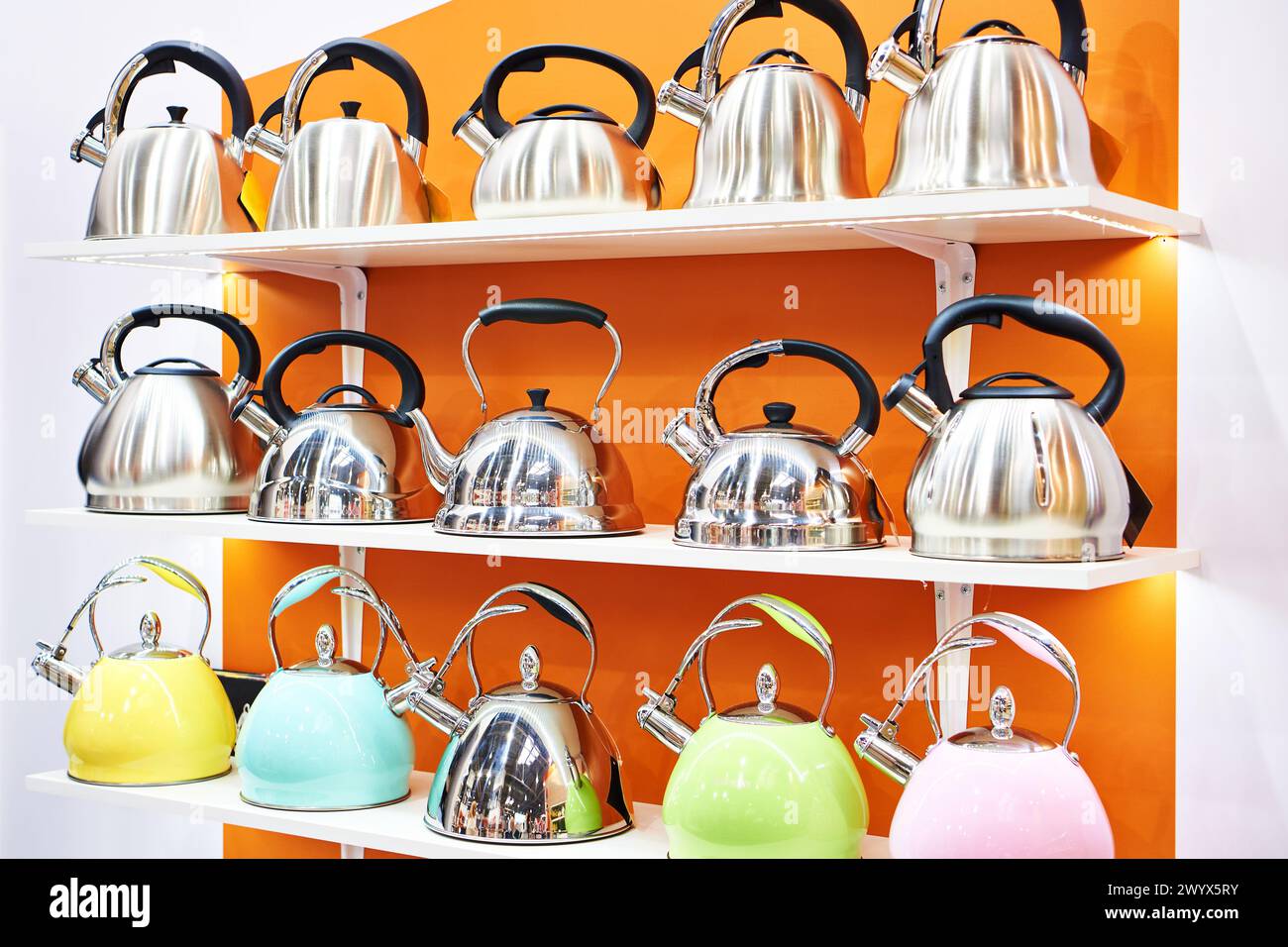 Steel kettle in the store household goods Stock Photo - Alamy