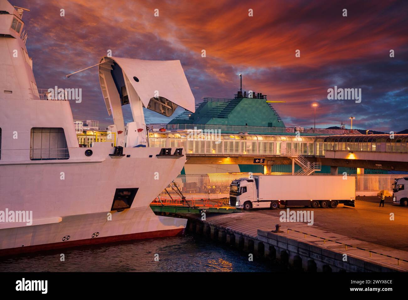 Loading trucks with a trailer, Ferry between Tangier Morocco and ...