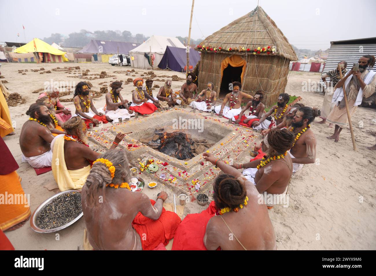 Sadhus perform worship on the occation of Basant Panchami at a ...