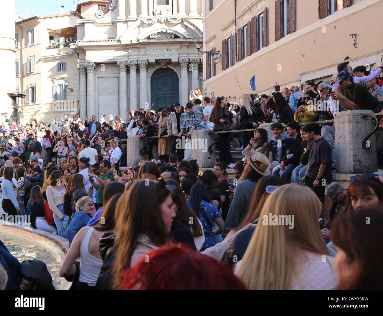 Trevi Fountain with Greek sea god Oceanus and seahorses and mermen draw ...
